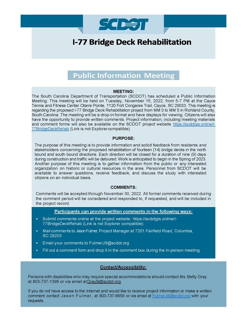 Public Information Meeting - I-77 Bridge Deck Rehabilitation Nov. 15 in Cayce-SCDOT Press
